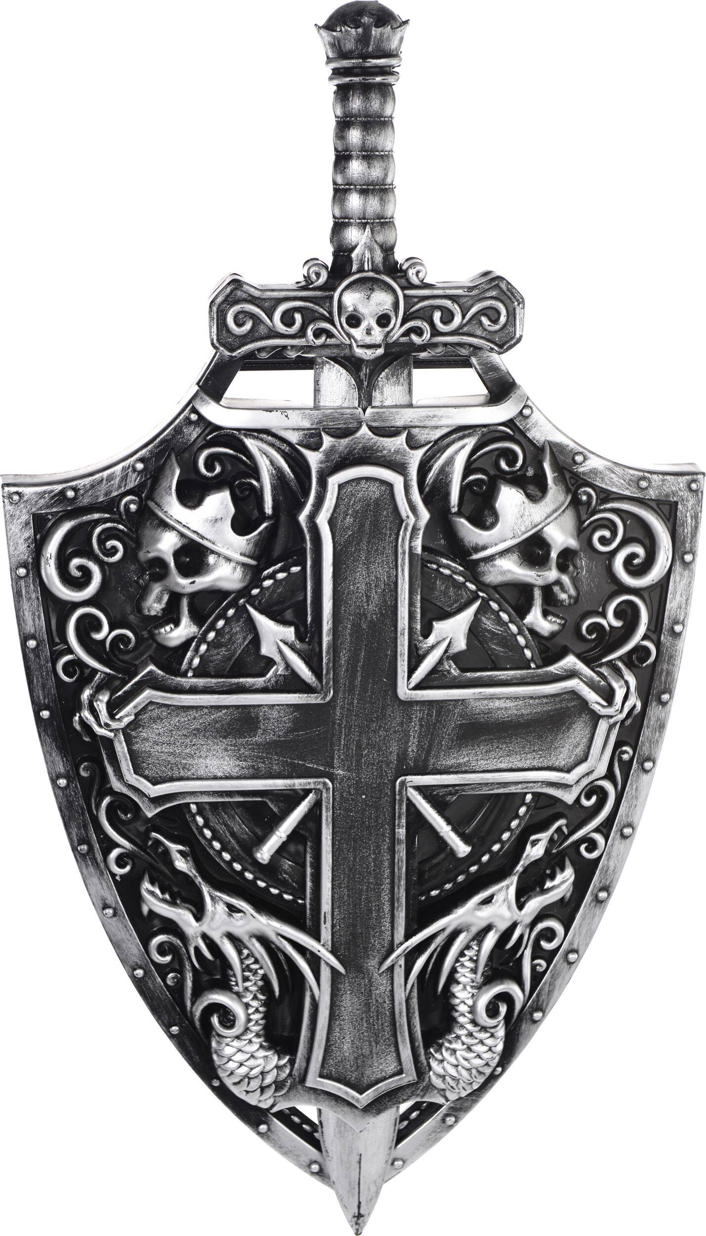 Medieval Crusader Sword & Shield Weapon, Silver, 16.5-in, 2-pk ...