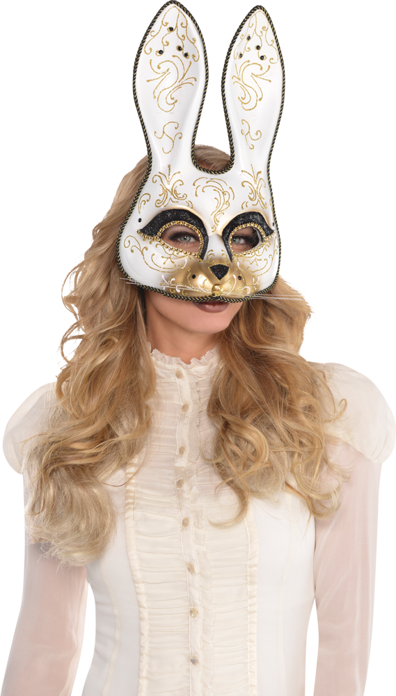 Glitter Scroll Bunny Mask, Gold | Party City