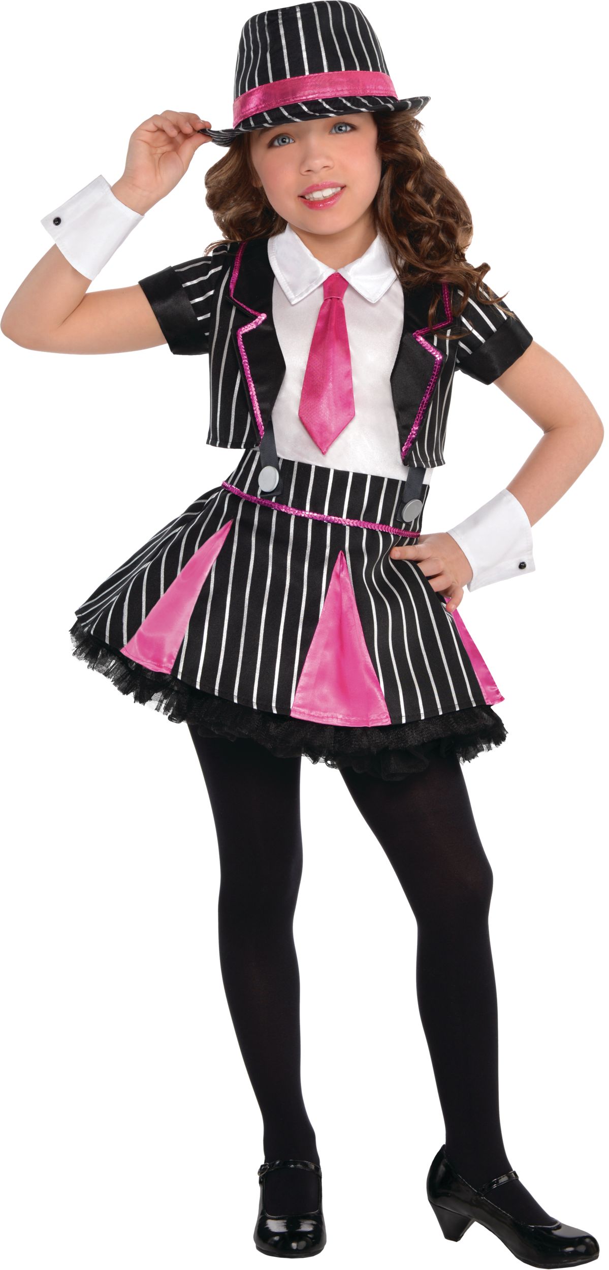 Kids' Mafia Mob Gangsta Black/Pink Striped Dress with Hat & Cuffs Halloween Costume, Assorted ...