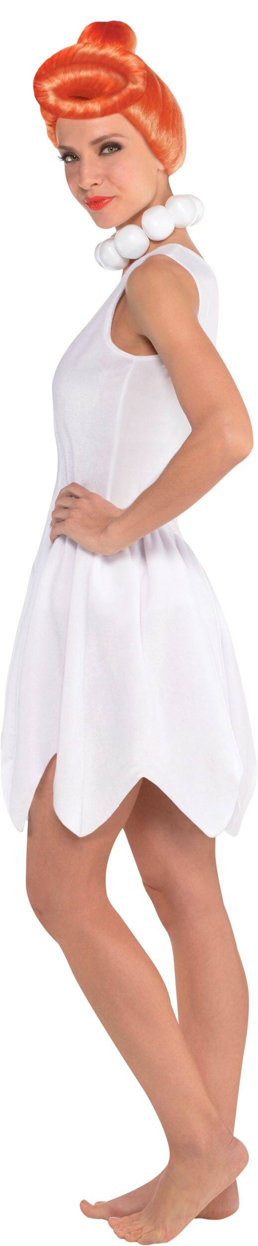 Womens The Flintstones Wilma White Dress With Necklace And Wig Halloween