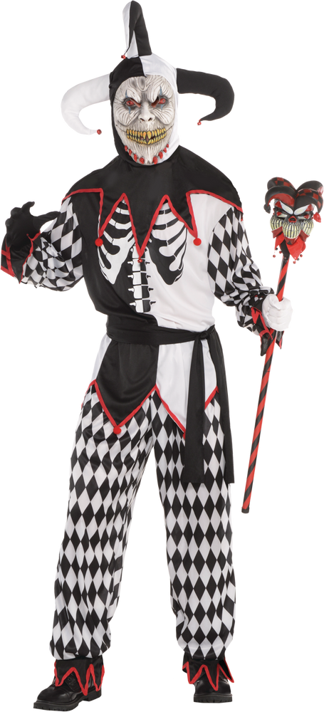 Men's Sinister Jester Black/White Tunic with Pants & Mask Halloween ...