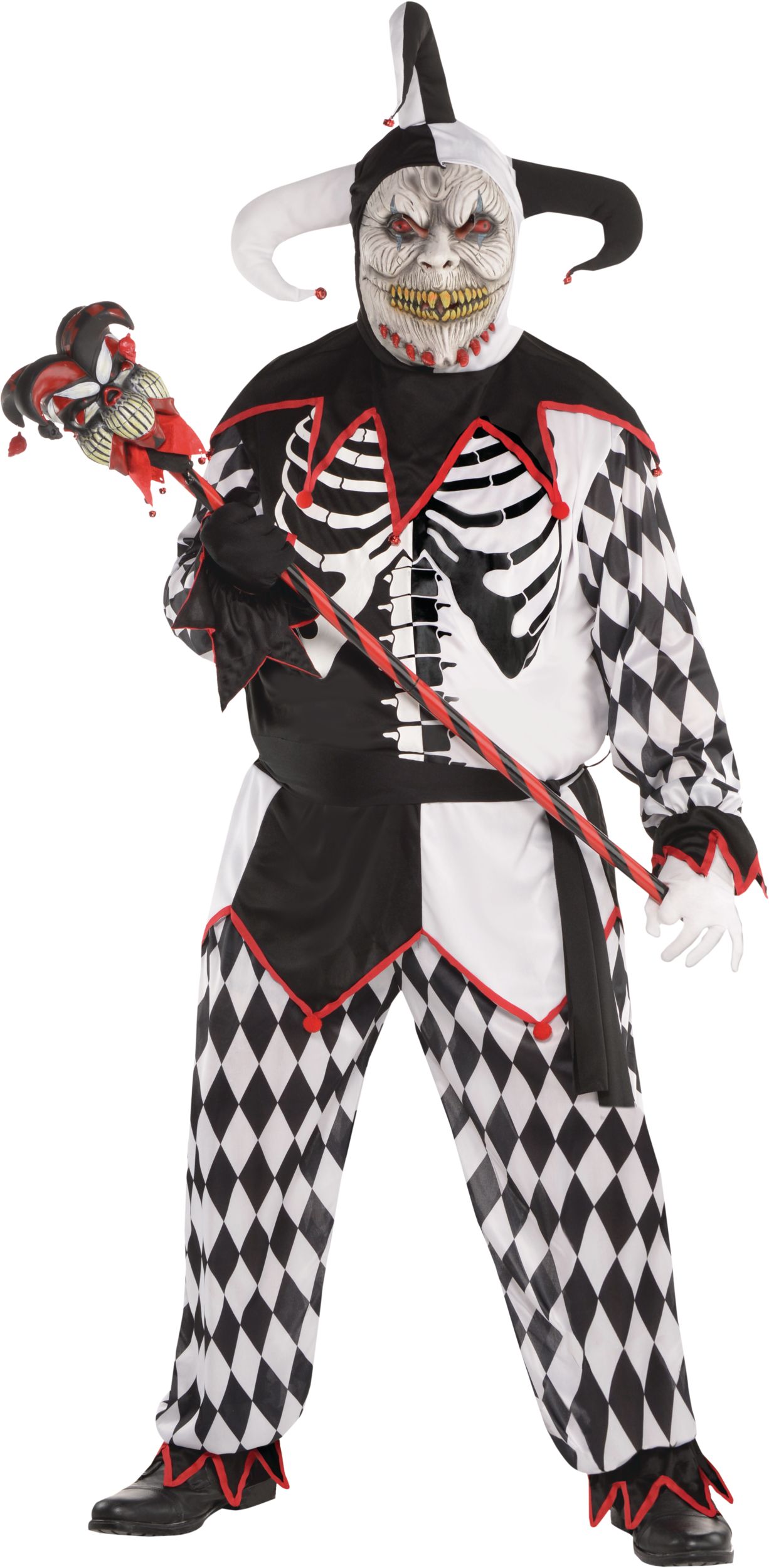 Men's Sinister Jester Black/White Tunic with Pants & Mask Halloween ...