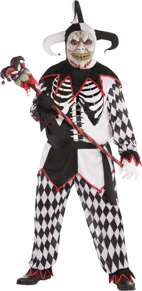 Men's Sinister Jester Black/White Tunic with Pants & Mask Halloween ...