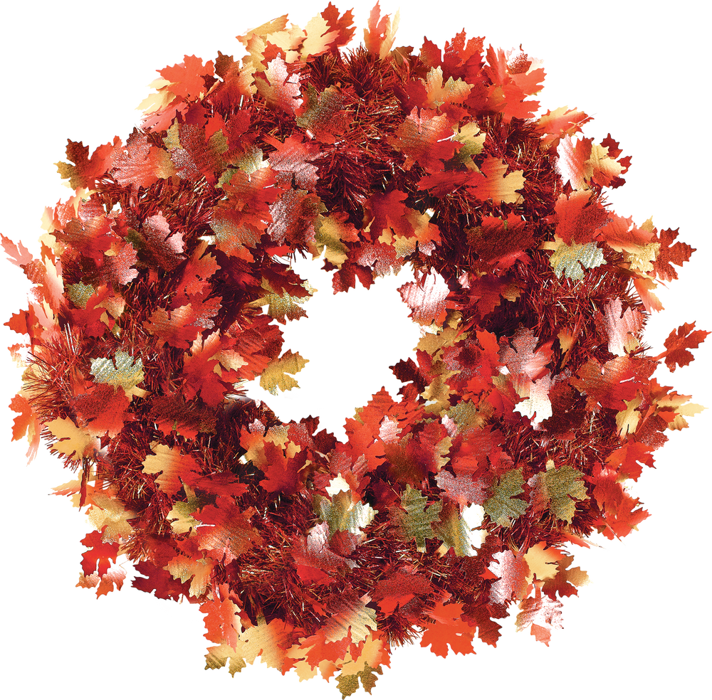 Tinsel Wreath with Maple Leaves, Orange, 18-inIndoor/Outdoor Decoration ...