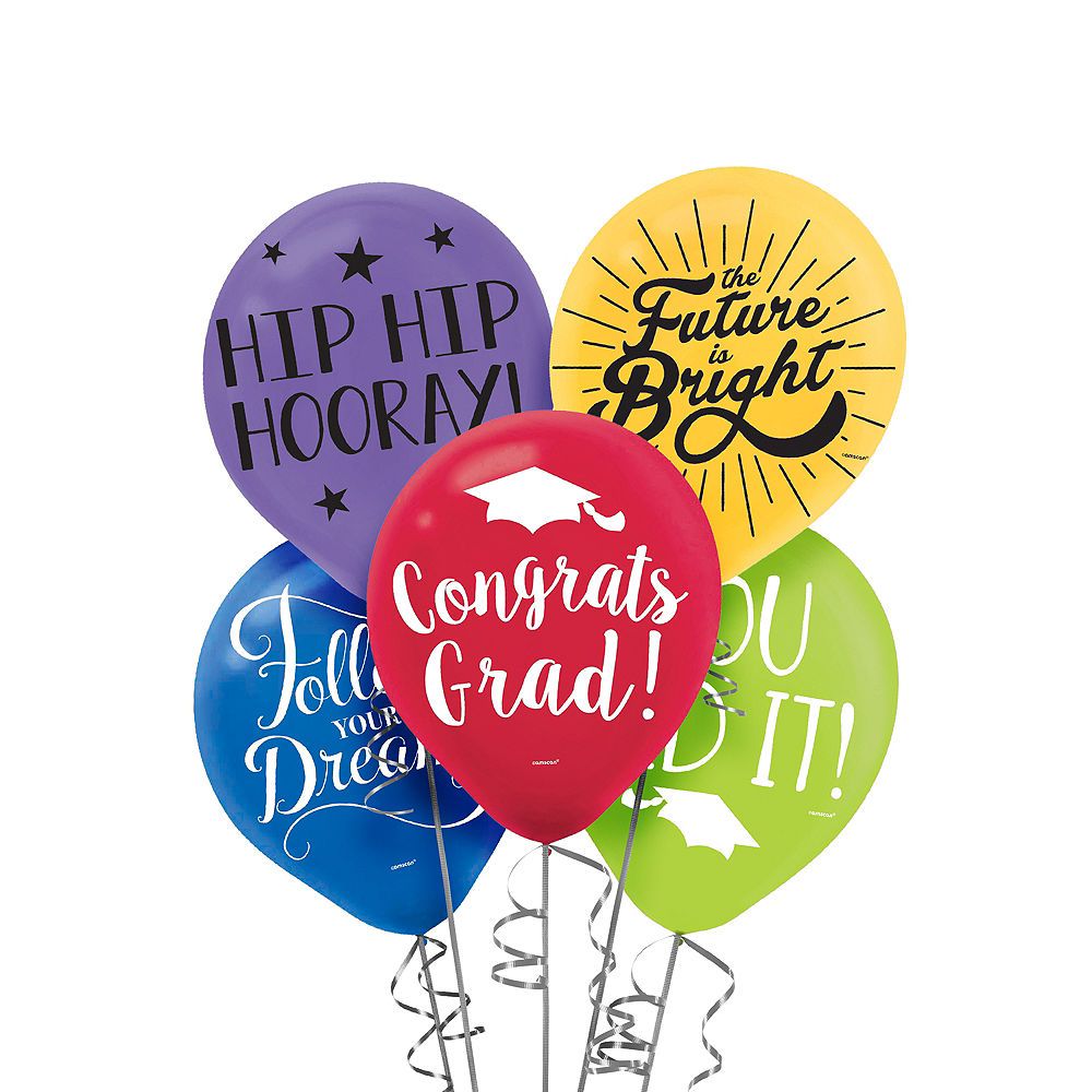 "Congrats Grad" Round Latex Balloons, Purple/Yellow/Red/Blue/Green, 12 ...