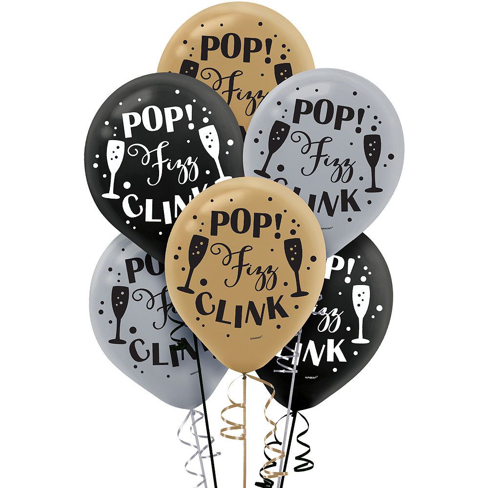 "Pop Fizz Clink" Round Latex Balloons, Black/Silver/Gold, 12-in, 15-pk ...