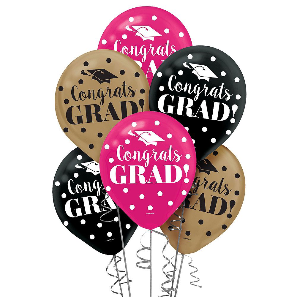 "Congrats Grad" Round Latex Balloons, Pink/Gold/Black, Polka Dot, 12-in ...