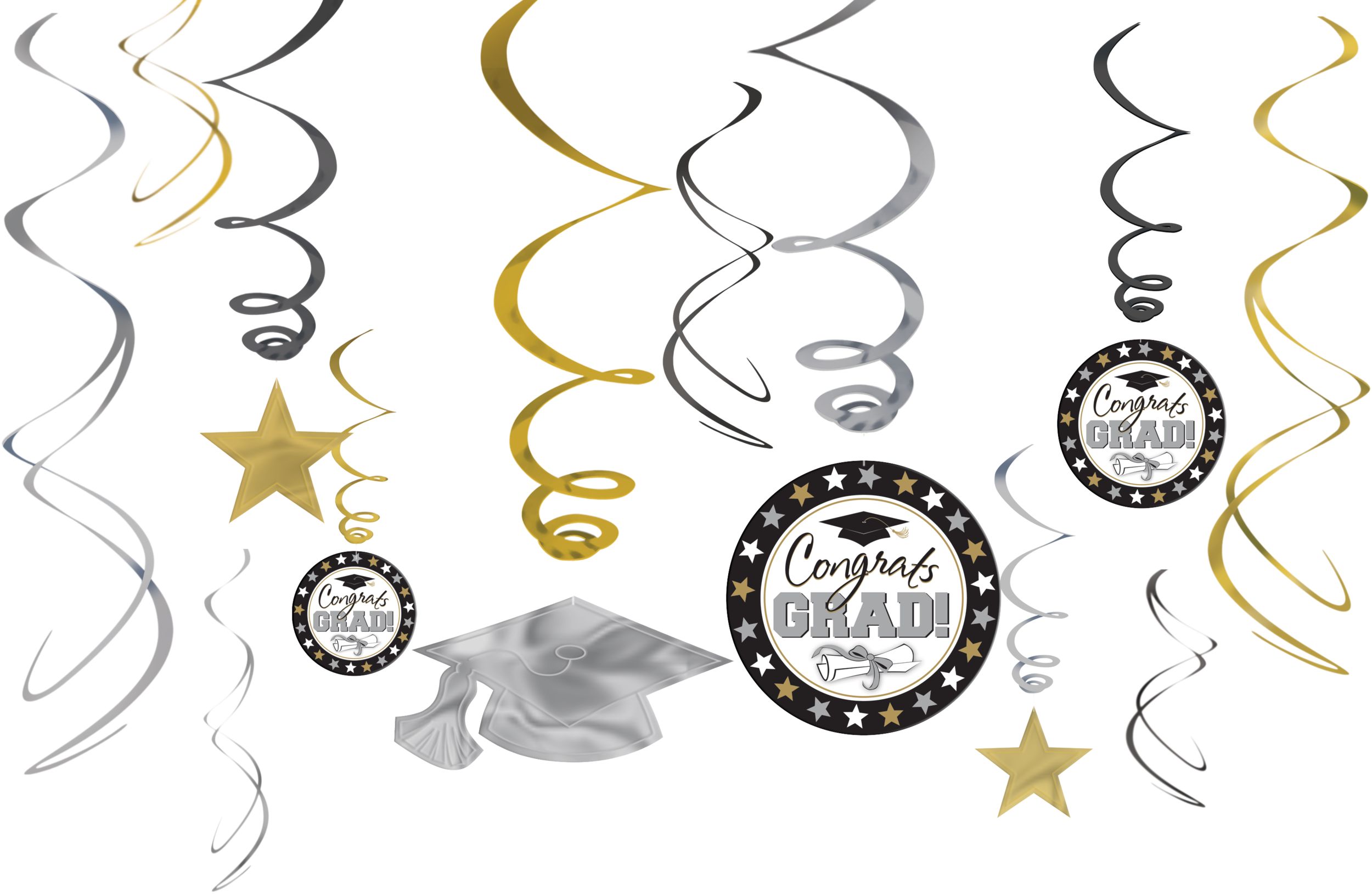 Black, Gold, & Silver Graduation Swirl Decorations, 12-pc | Party City