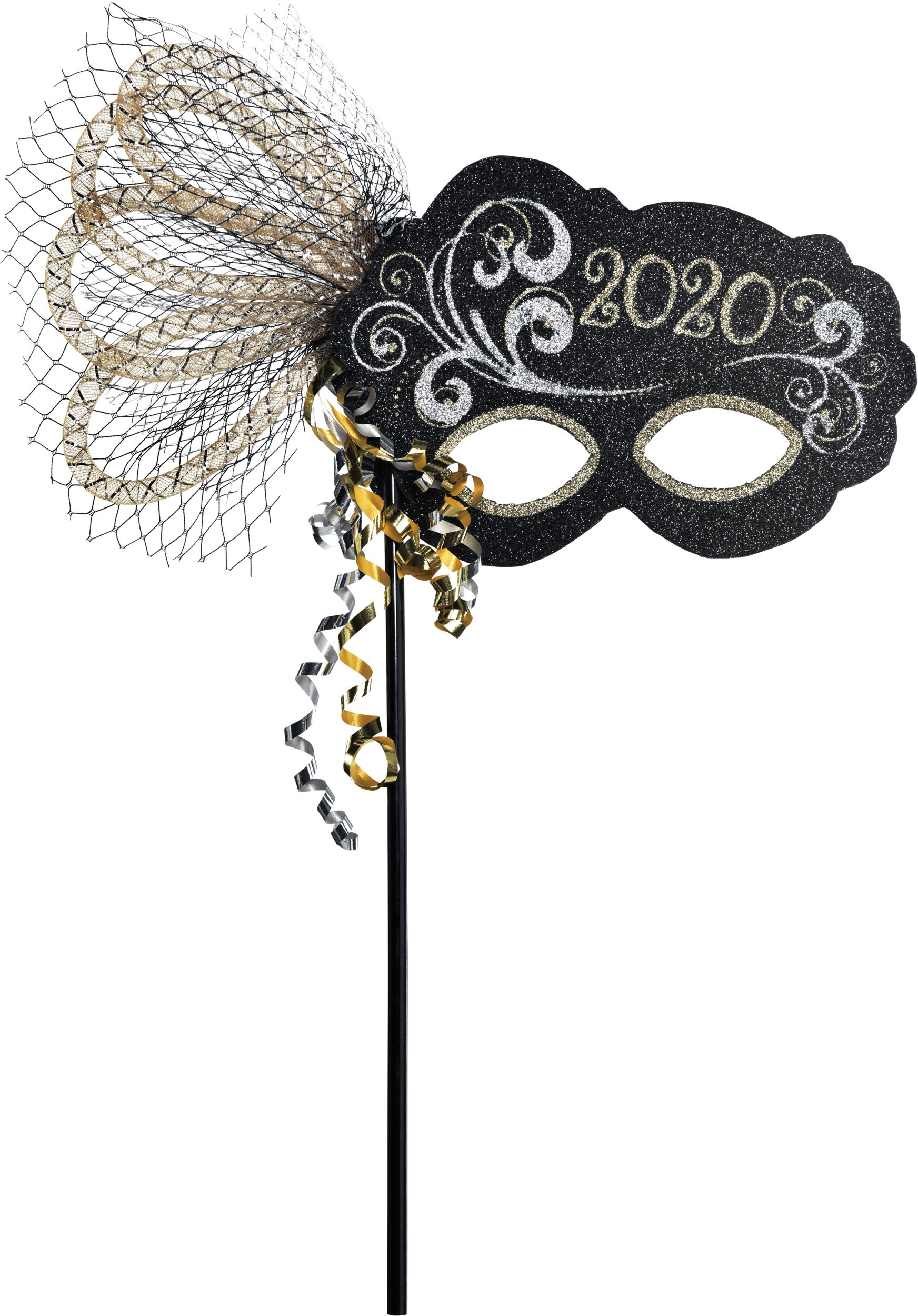 Black, Gold & Silver Glitter 2020 Masquerade Mask on a Stick | Party City