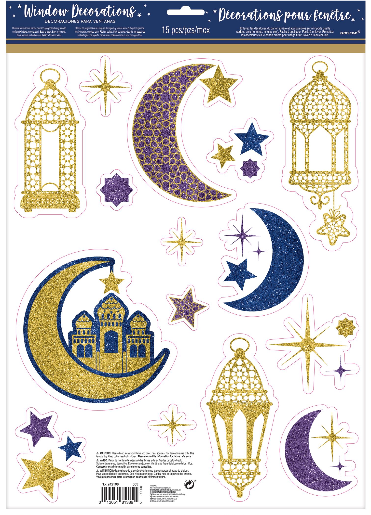 Moon & Stars Wall & Window Cling Decal Decorations, Gold/Blue, 5-in, 15 ...