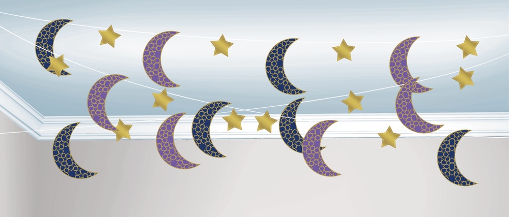 Eid Crescent Moon and Star String Decorations, Blue/Purple/Gold, 6-pc ...