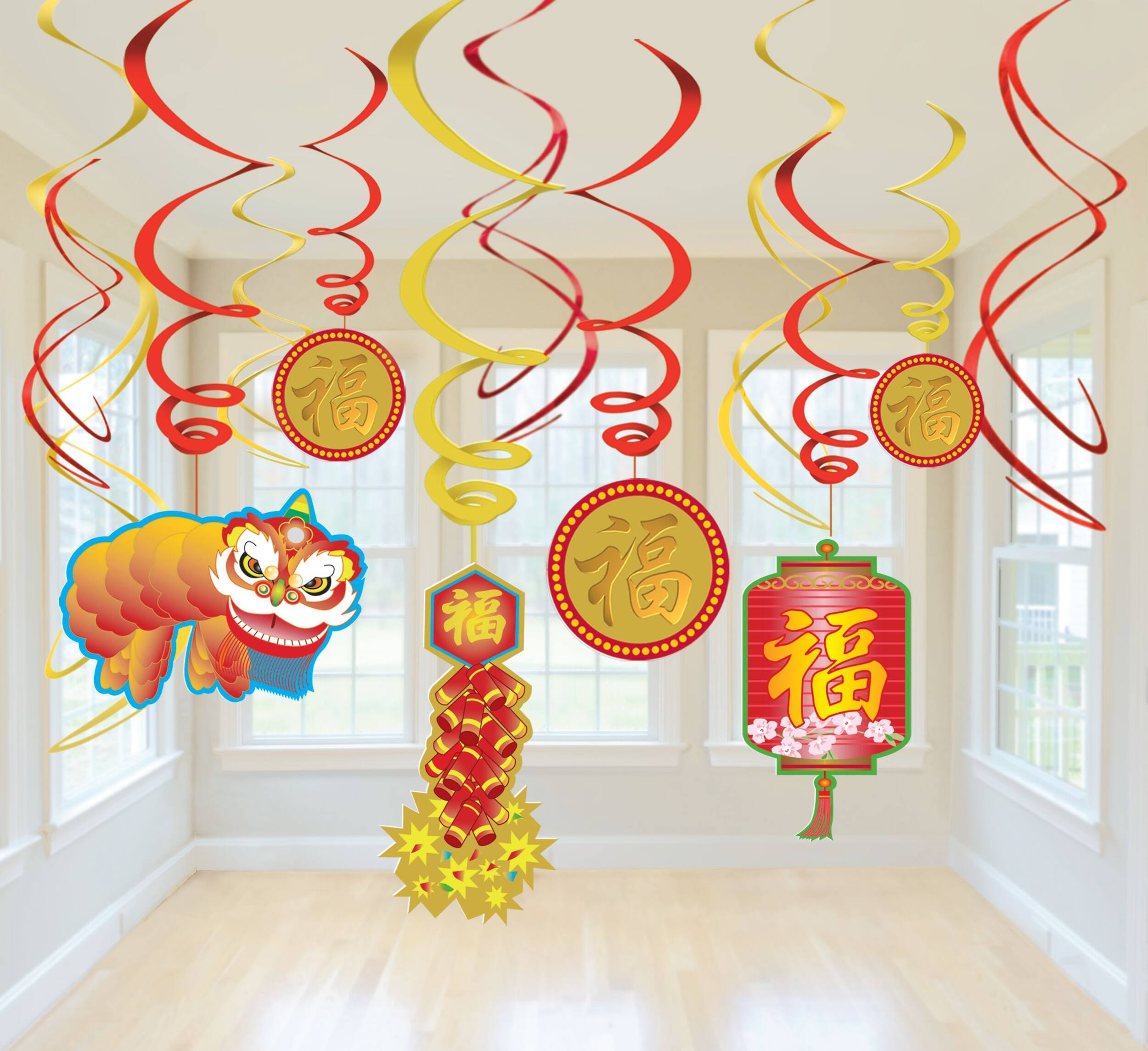 Swirl Hanging Decorations, Red/Gold, 10-in, 6-pk, for Lunar New Year ...