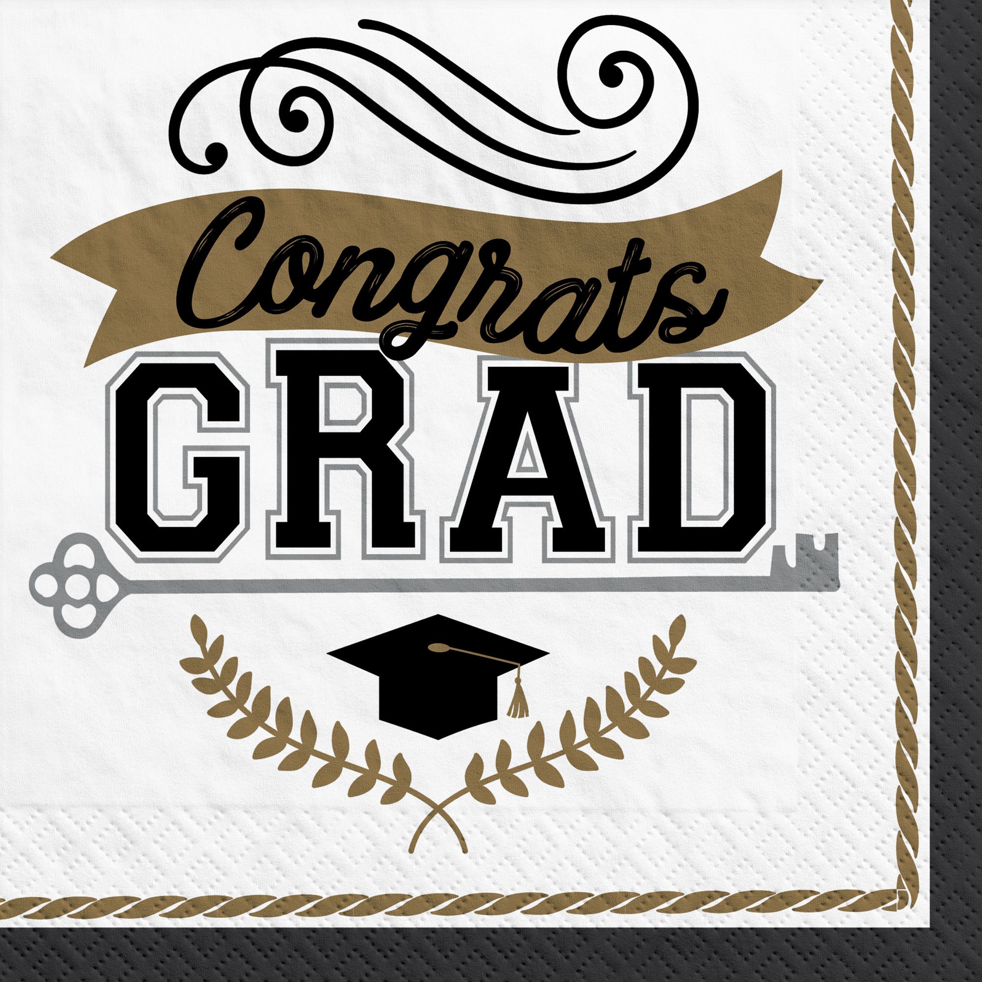 "Congrats Grad!" Square Paper Disposable Beverage Napkins, White/Gold ...